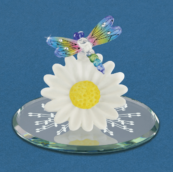 Glass Sundancer Rainbow Dragonfly on Daisy Figurine with Mirrored Base ...